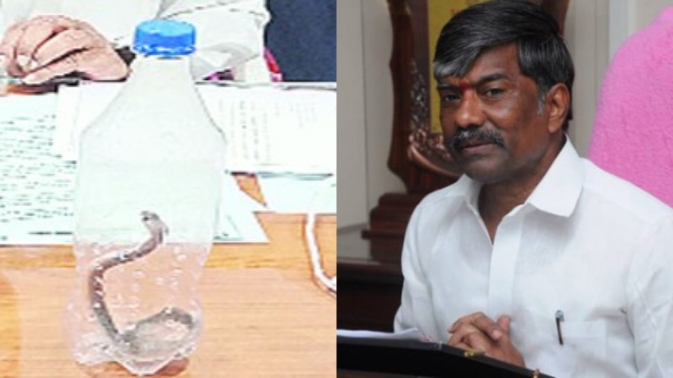 Hyderabad brs mla padma rao come to the office with a snake in bottle ...