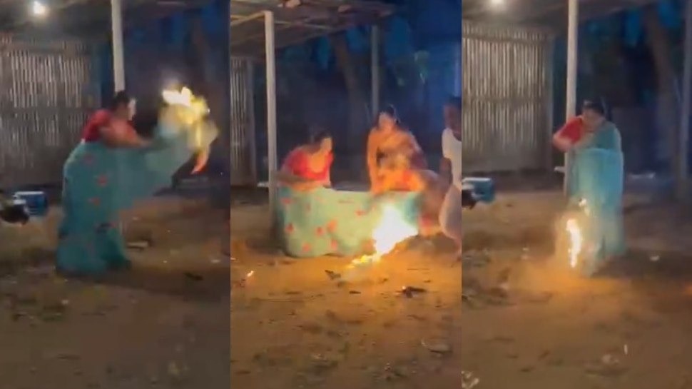 while shooting reels video woman saree caught fire shocking video viral ...