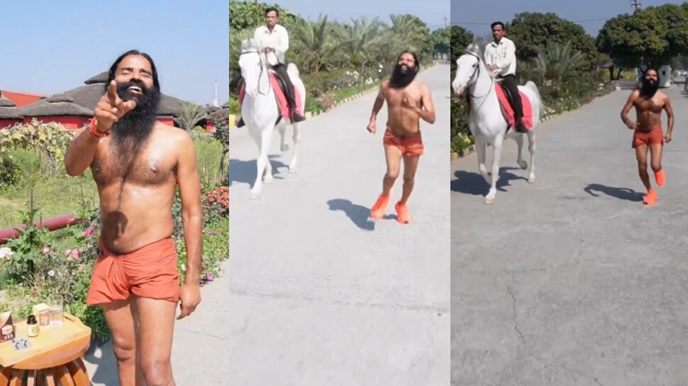 Yoga guru Baba Ramdev running race with horse video goes viral on social media pa | Baba Ramdev ...