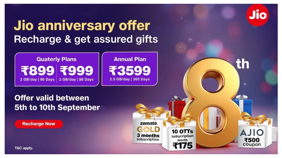 Reliance Jio 8th Anniversary Bumper Offer Get Zomato Gold Membership 10 ...