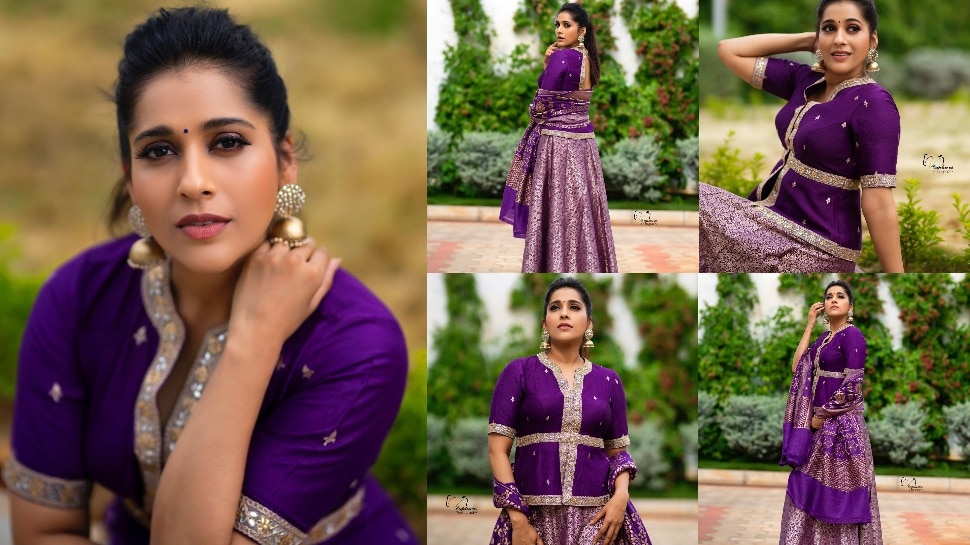 Anchor Rashmi Gautam Latest Outfit in purple color trendy wear Rashmi ...