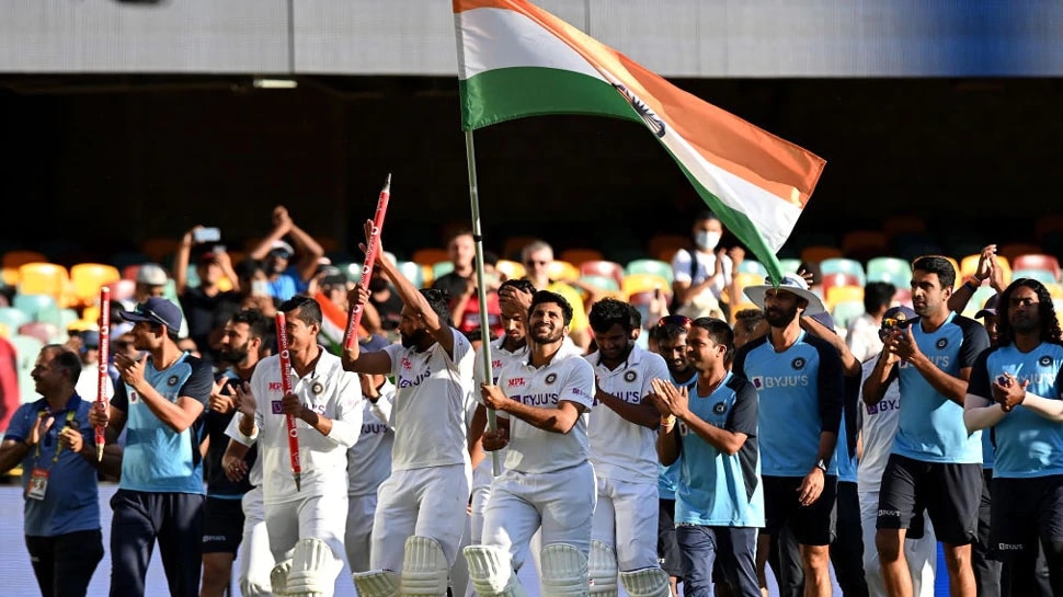 Team india celebrating the historic win against australia in brisbane ...