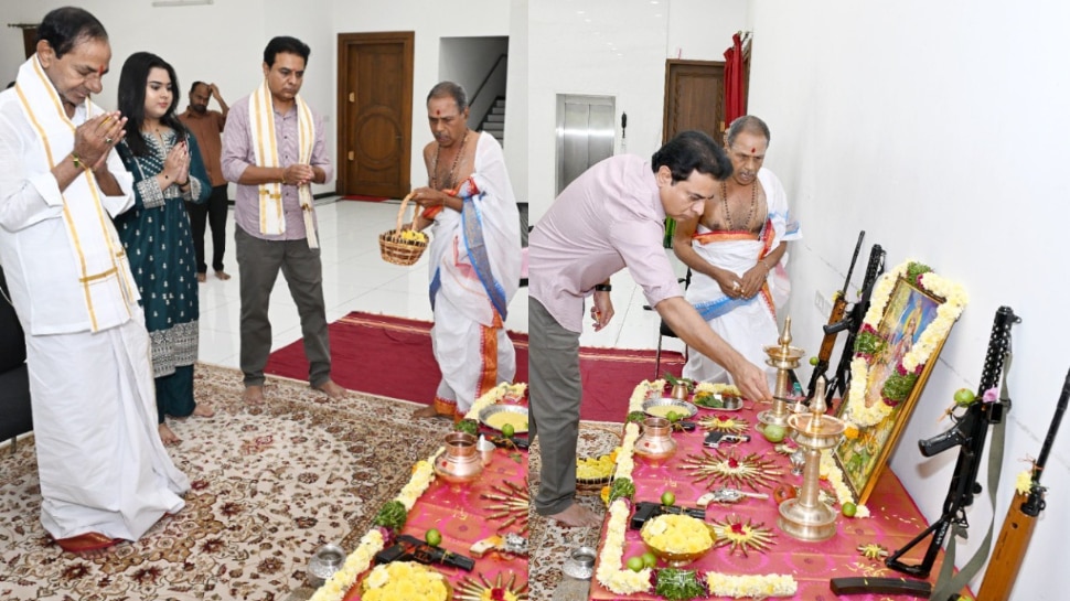 Dussehra 2025 former cm kcr and ktr performed ayudha puja at erravalli ...